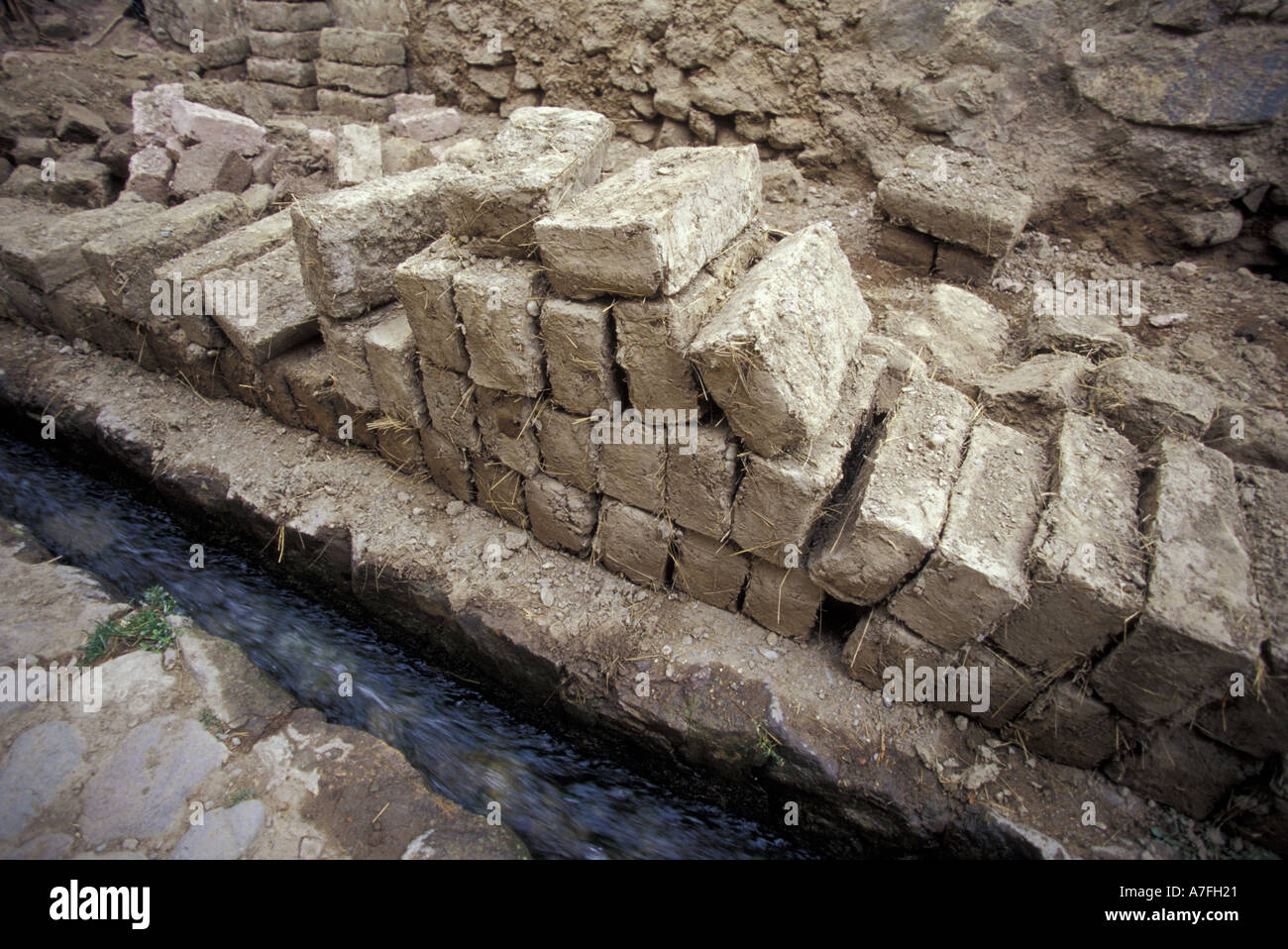 South America, Peru, Ollantaytambo, typical adobe mud bricks stacked ...
