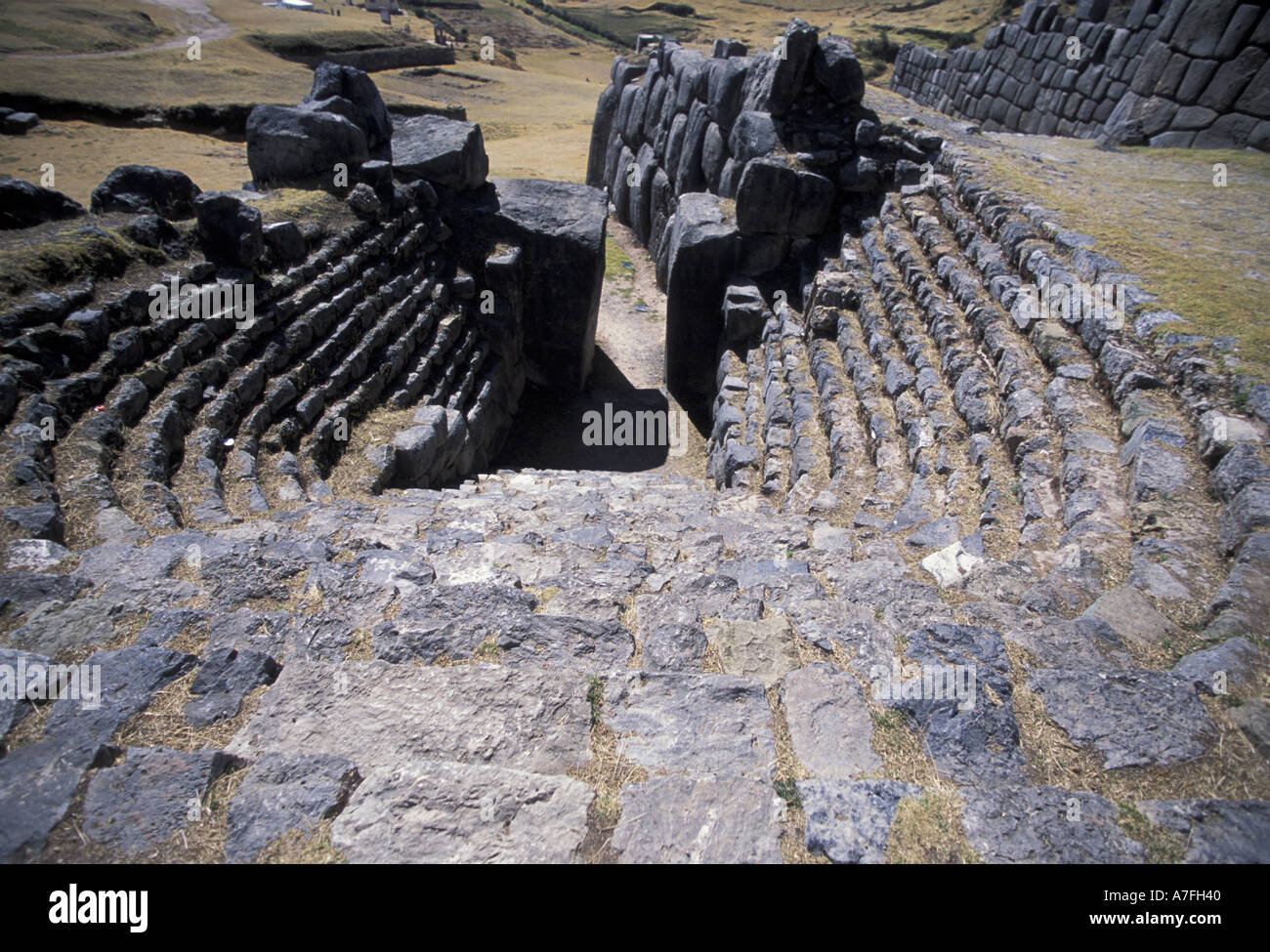 South America, Peru, Cuzco, Sacsayhuaman, walled Inca fortress, stone ...
