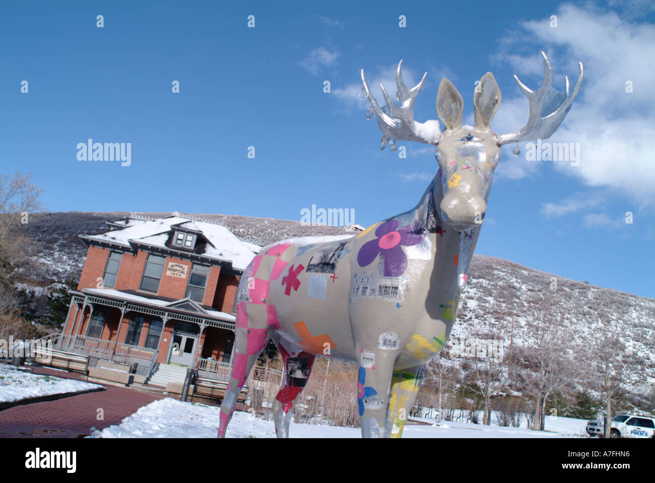 Art moose in front of Miner's Hospital, Park City, Utah, USA Stock ...