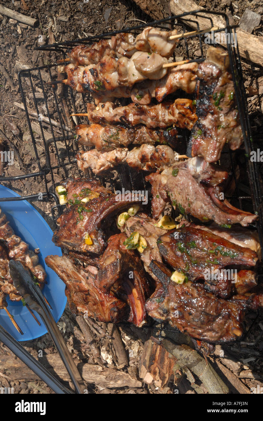 Sussex,England.Meat on the barbeque kebabs and chops Stock Photo - Alamy