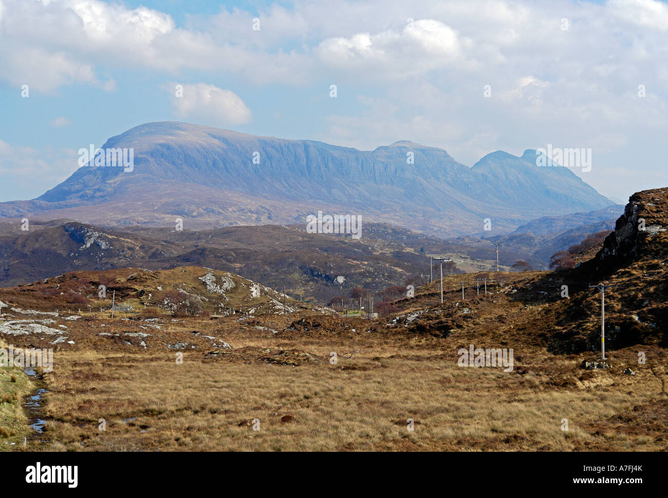 Dramatic view towards Foinaven (915 metres) from near Drumbeg in Wester ...