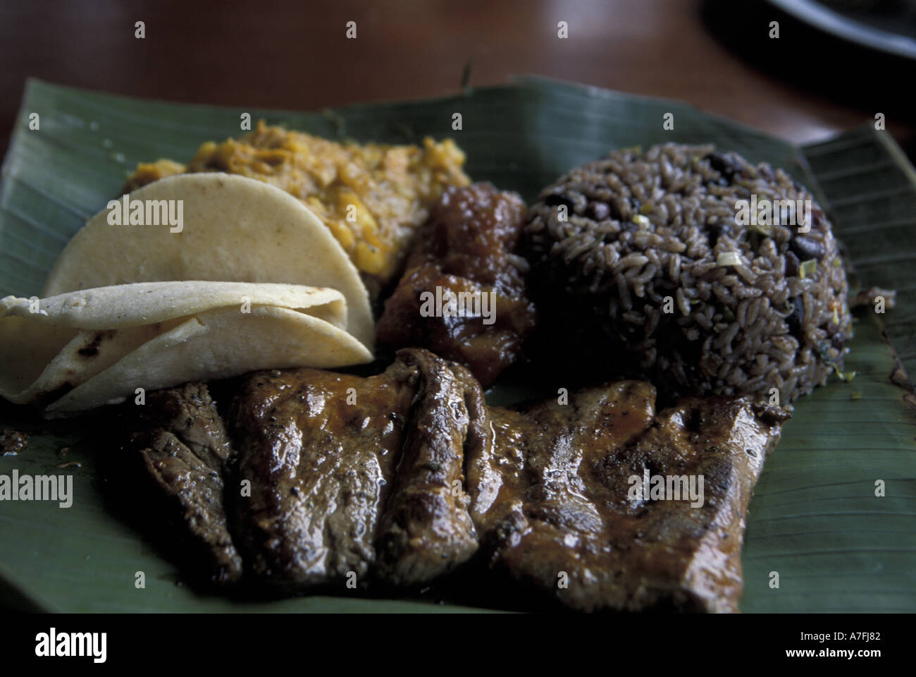 Central America, Costa Rica, San Jose. Traditional meal of steak, rice ...