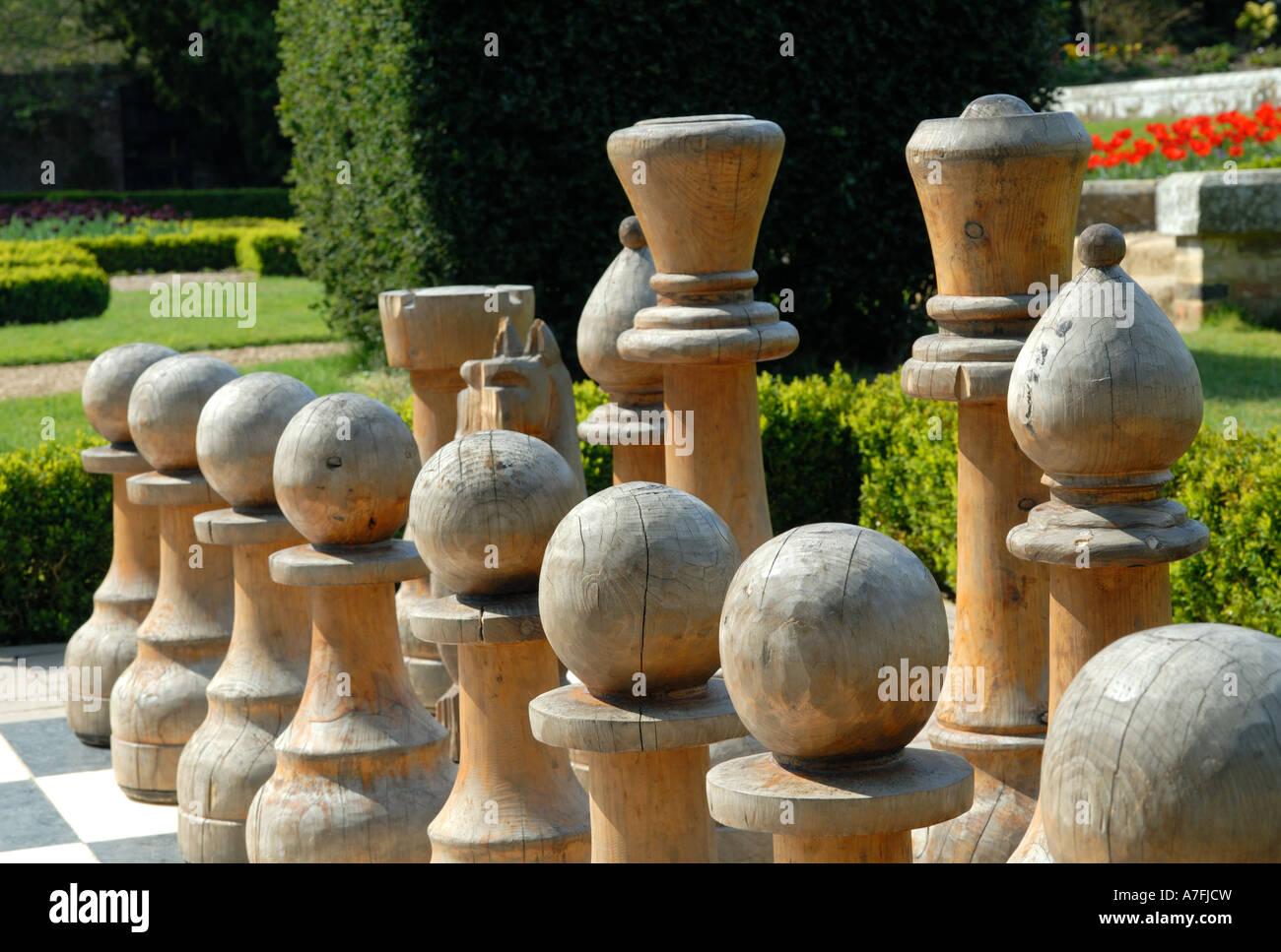 Giant chess set in the grounds of Groombridge Place in Kent Stock Photo ...