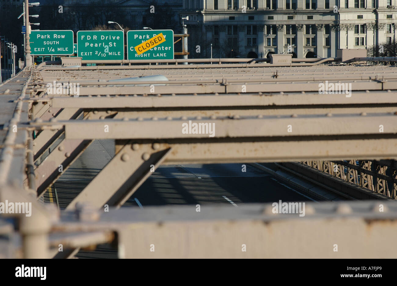 Road signs on Road section of Brooklyn Bridge New York USA Stock Photo ...
