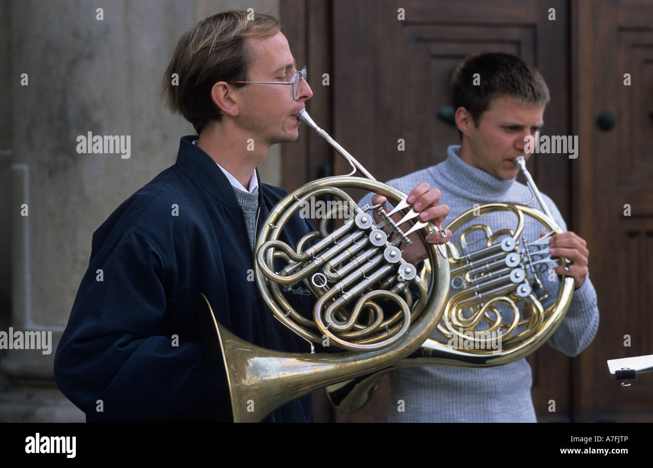 Poland Krakow Music students busk playing brass instruments Stock Photo ...