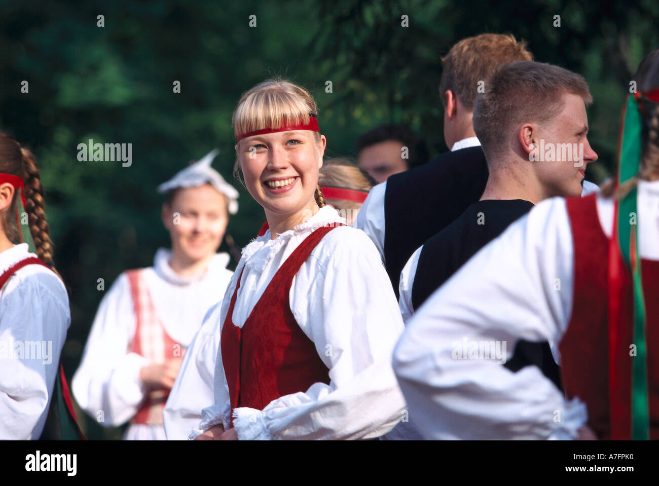 Traditonal dancers in costume Midsummer Festival Seurasaari Island ...
