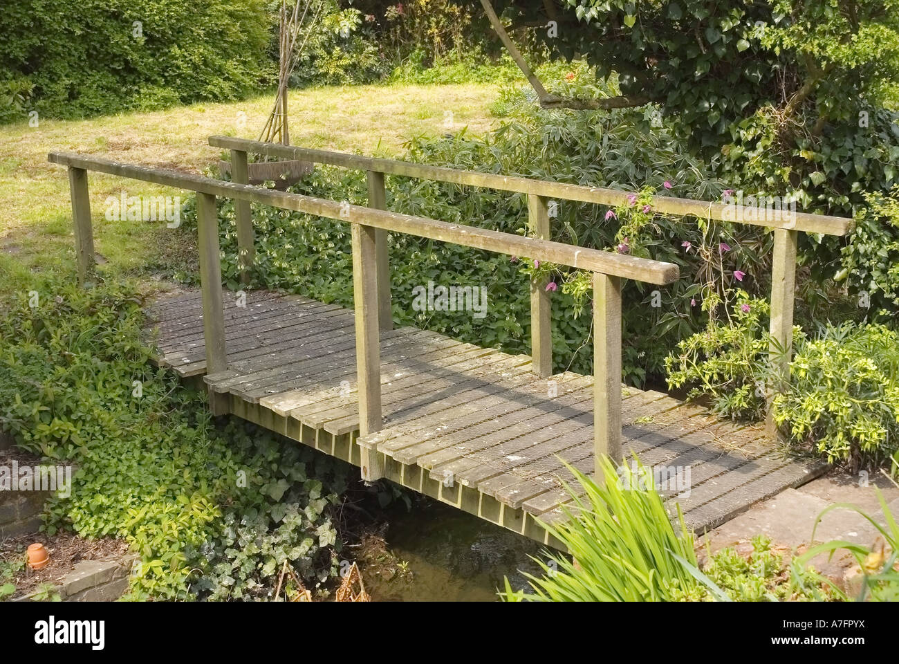bridge over stream in country cottage garden Stock Photo - Alamy