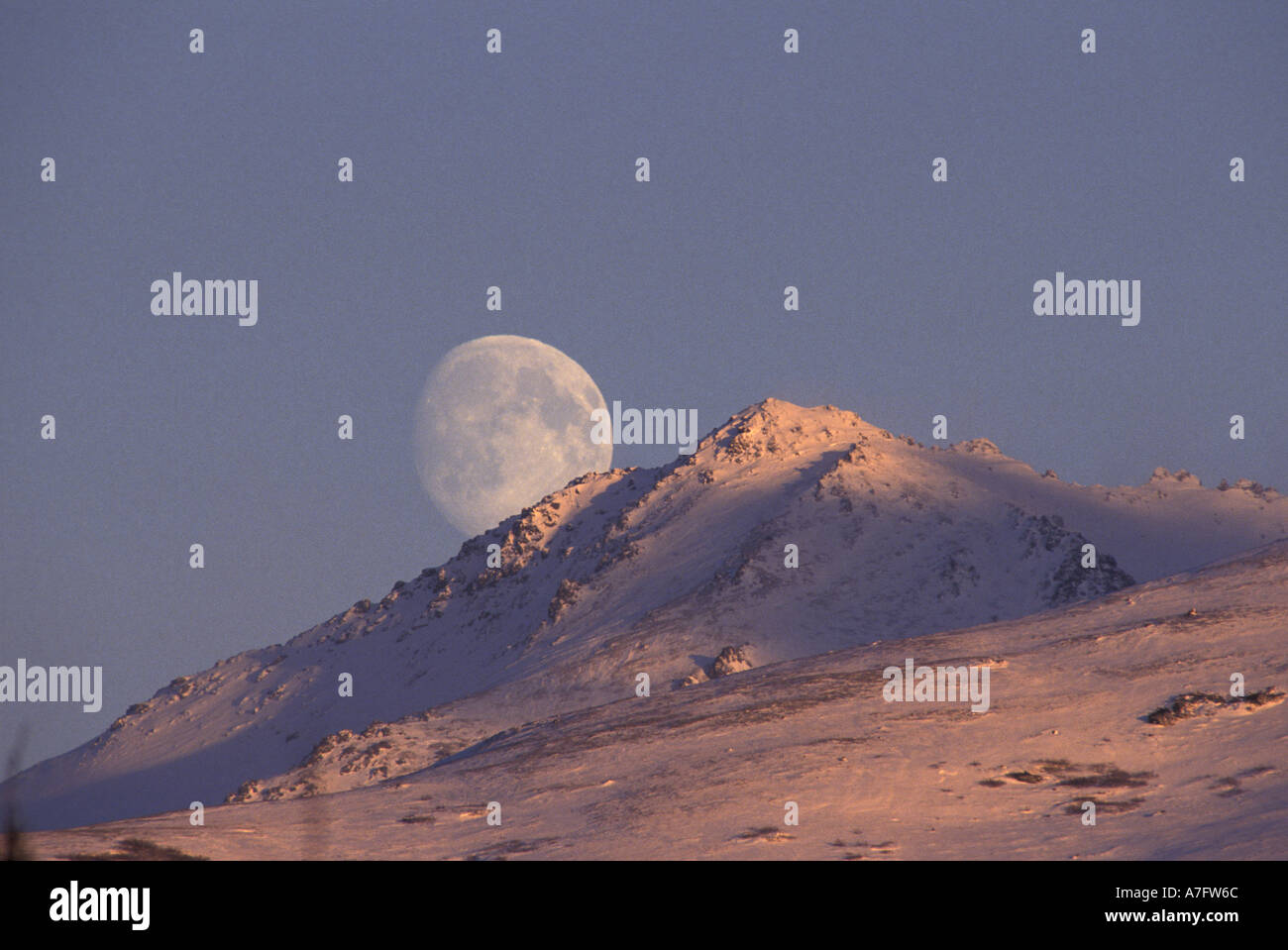 North America, USA, Alaska, near Anchorage, Chugach range, moon rise ...