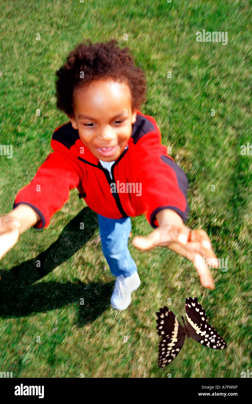 Boy chasing butterfly vertical Stock Photo - Alamy