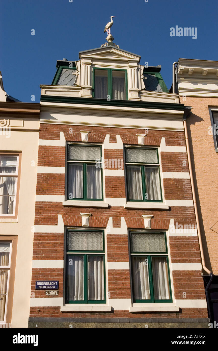 House with stork on top Oudegracht or Old Canal in Utrecht Holland ...