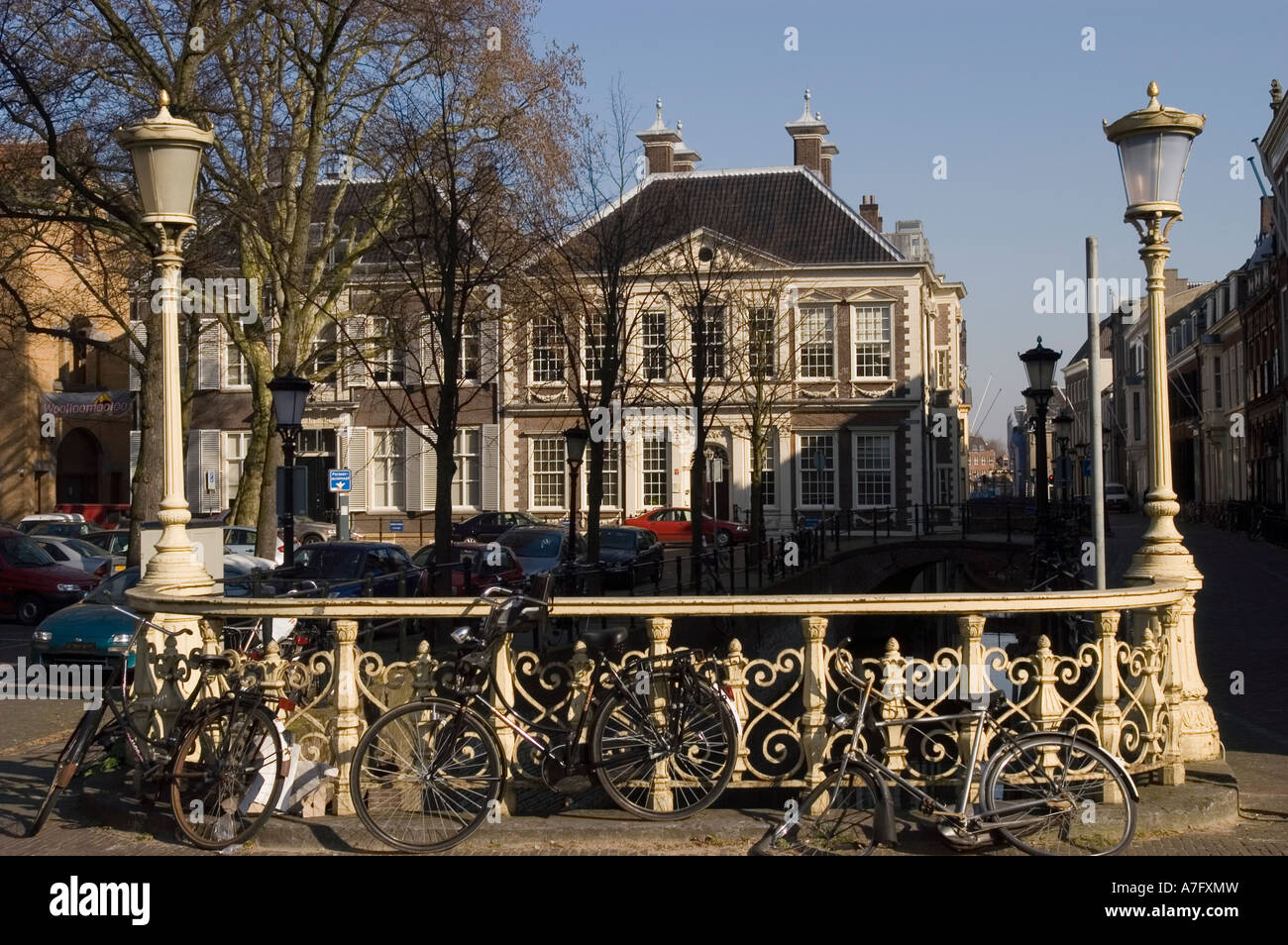 Small New Canal bridge with lanterns and parking bikes in Utrecht ...