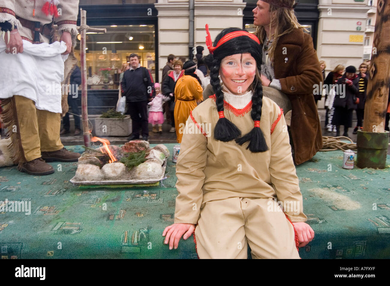 Child with pony tails dressed as Native American in Slovenian Spring ...