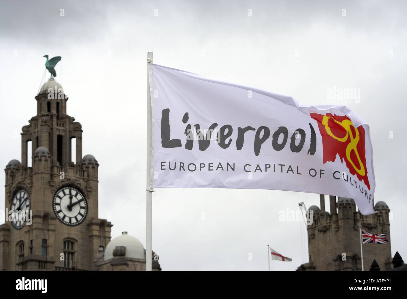 Liverpool Capital of Culture 2008 Flag with the Liver Buildings in the ...
