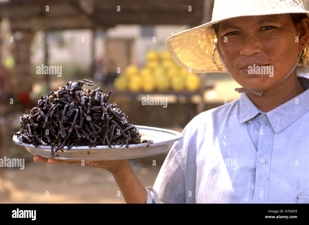 Vendor with trays of beer snack fried spiders Cambodia Stock Photo - Alamy