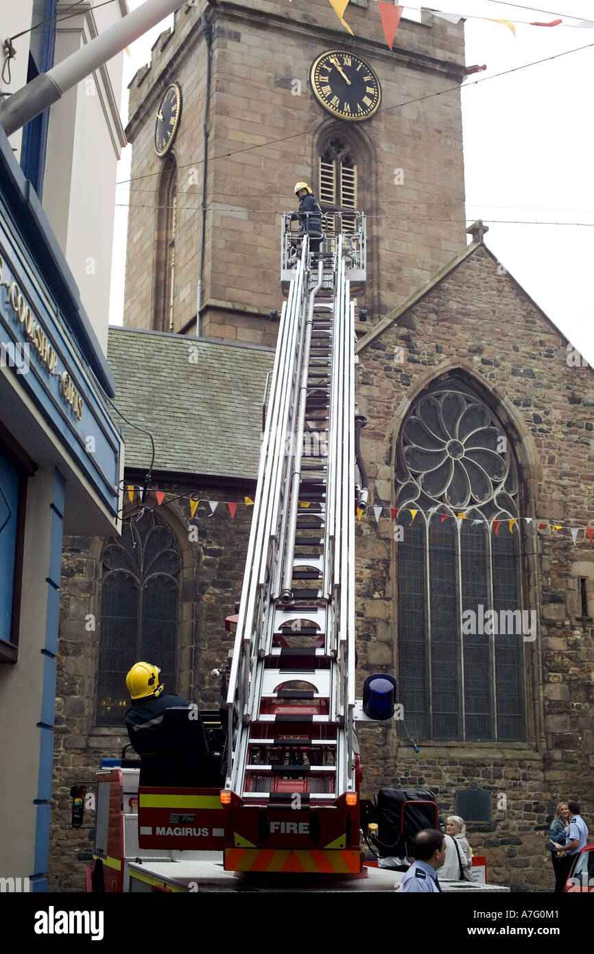 Fire Service firemen, rescue exercise, ALP (Aerial Ladder Platform ...