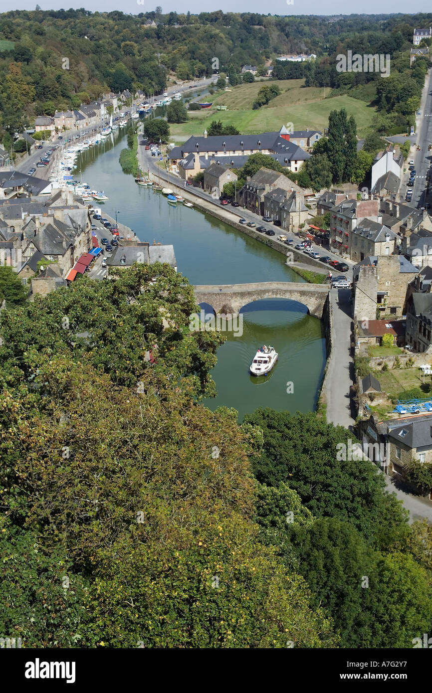 AERIAL OF HARBOUR AND RANCE RIVER WITH PONT GOTHIQUE BRIDGE DINAN ...