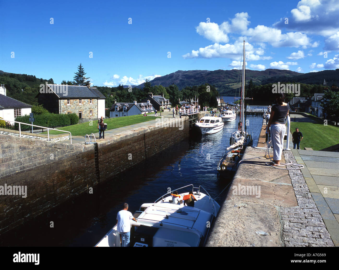 Vessels in Caledonian Canal locks at Fort Augustus in Scotland Stock ...