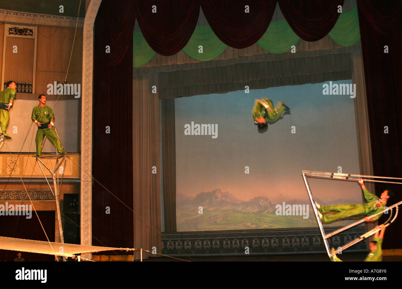 North Korean Circus acrobats against a screen showing the border with ...