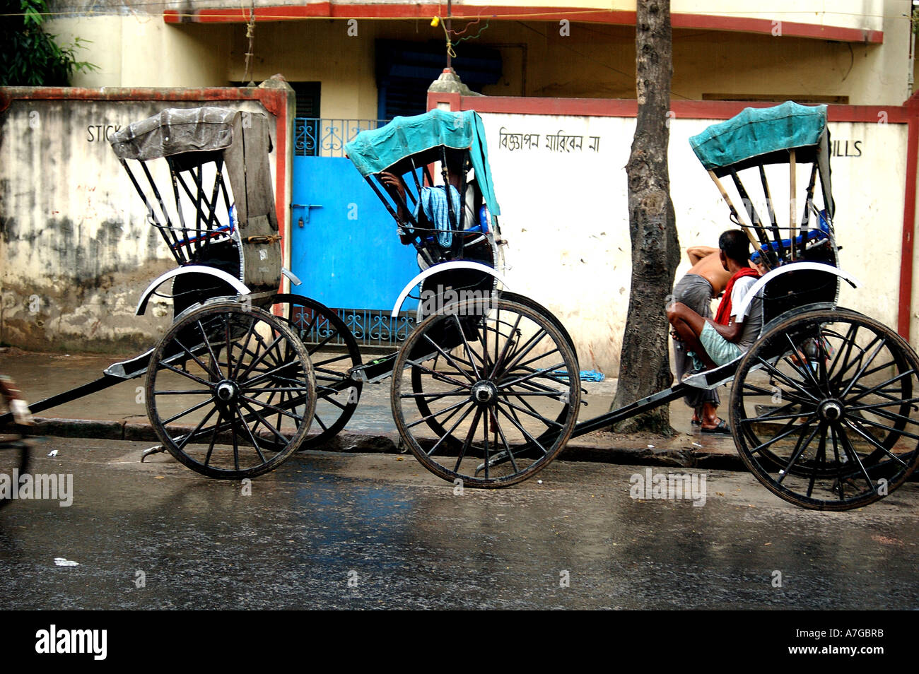 PKB77906 Three hand pulled rickshaws in Calcutta West Bengal India ...