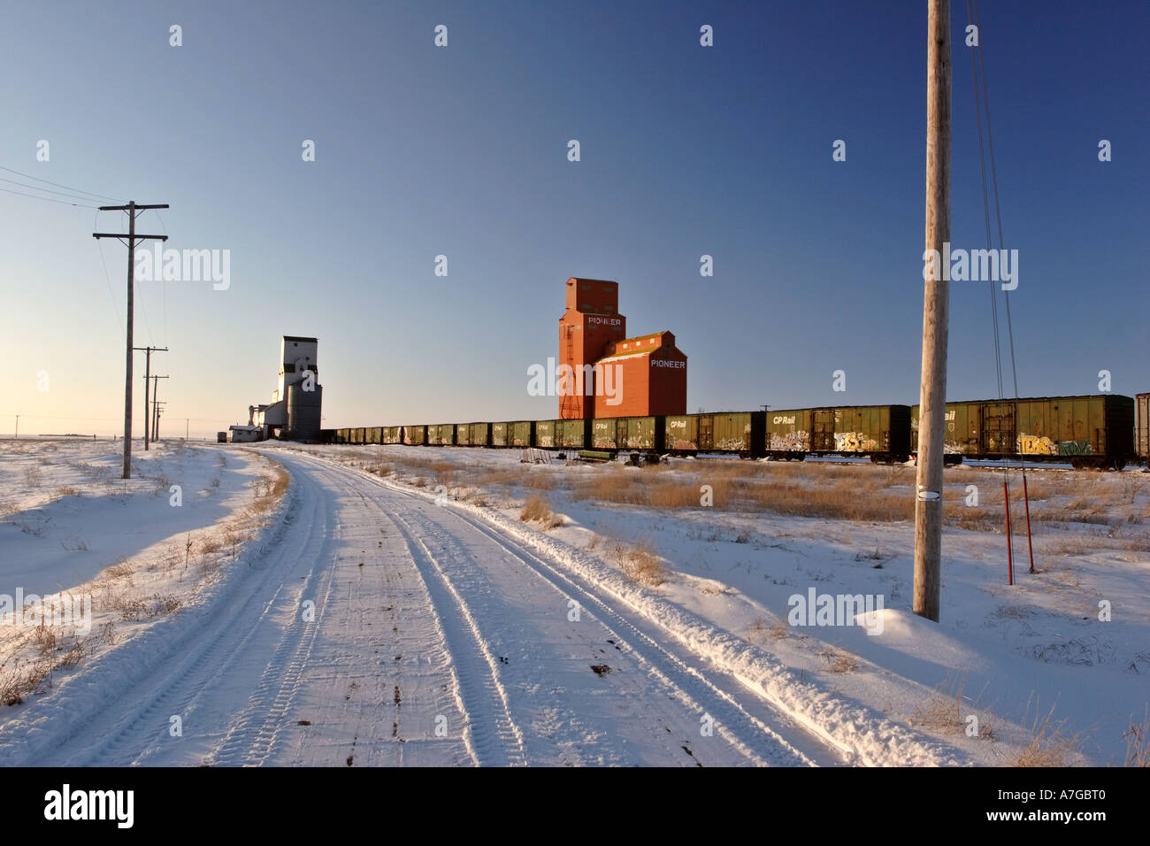 CPR grain cars at Tuxford elevators in scenic Saskatchewan Canada Stock ...