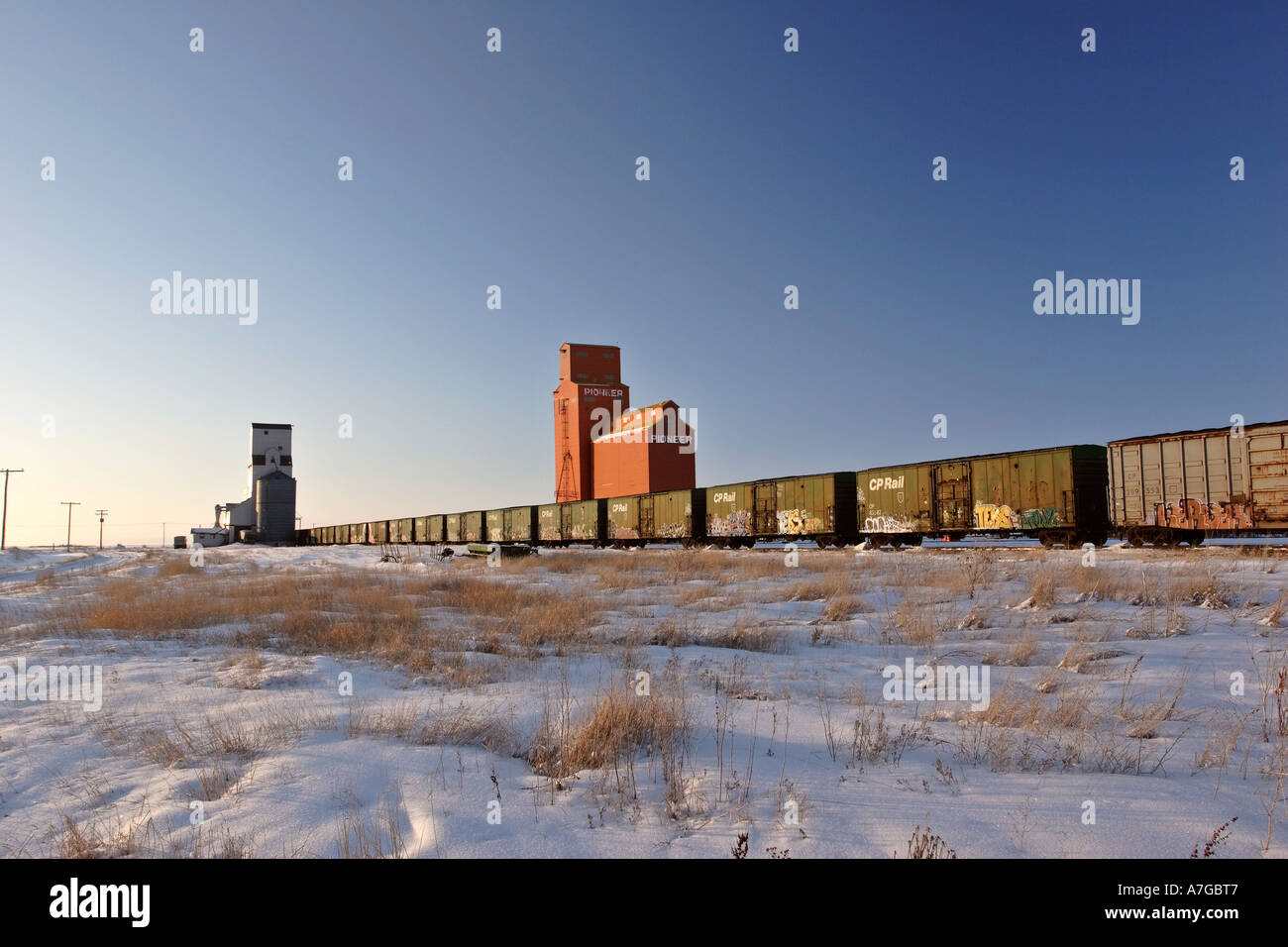 CPR grain cars at Tuxford elevators in scenic Saskatchewan Canada Stock ...