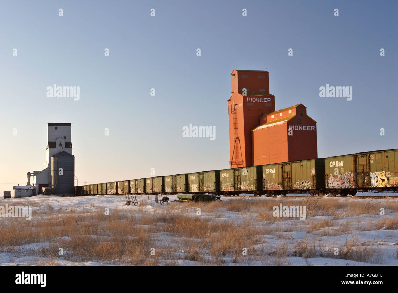 CPR grain cars at Tuxford elevators in scenic Saskatchewan Canada Stock ...