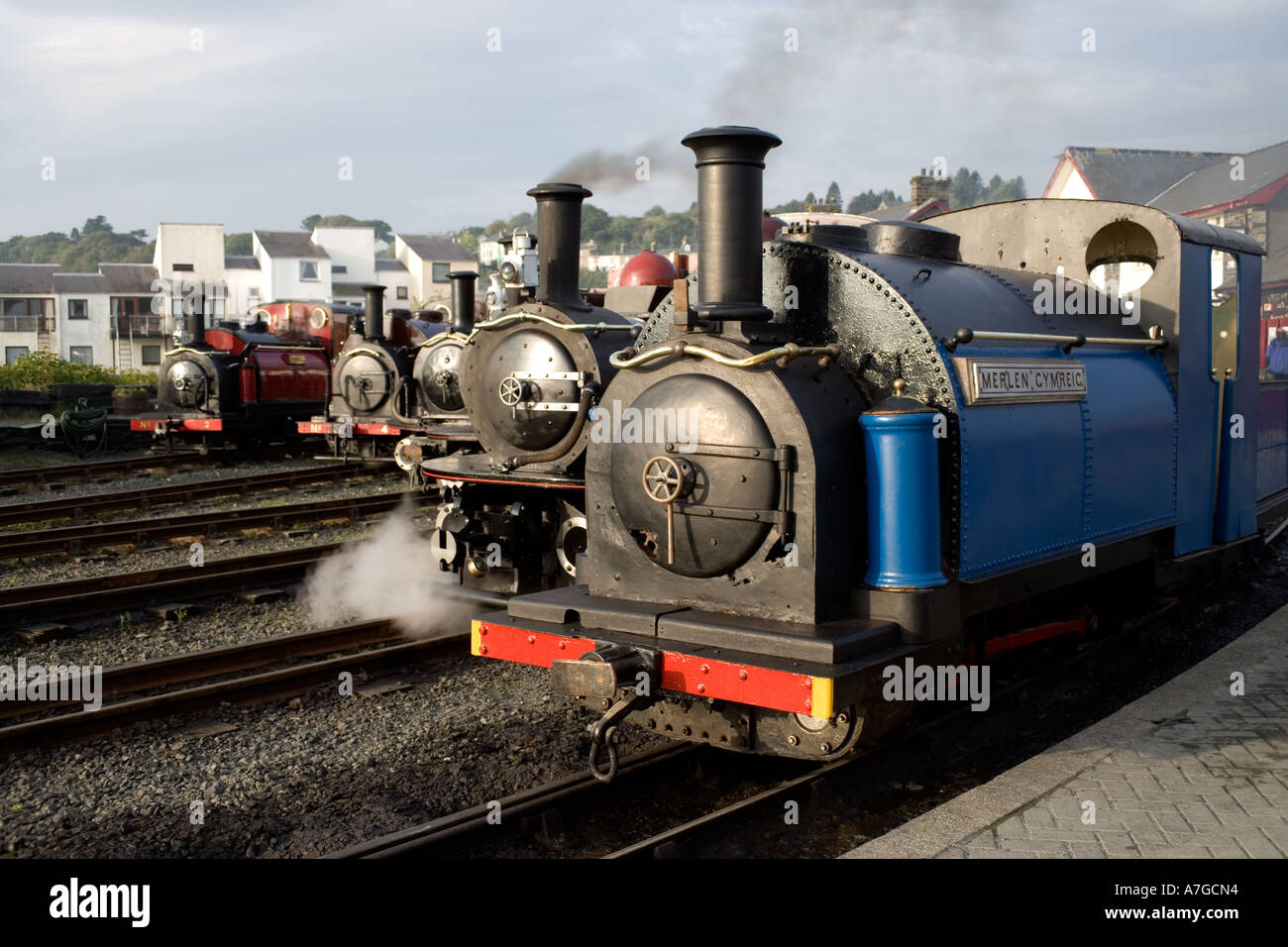 Engine line up at Porthmadog Harbour station,Ffestiniog steam railway ...