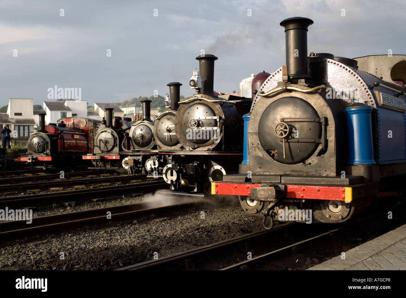 Engine line up at Porthmadog Harbour station,Ffestiniog steam railway ...