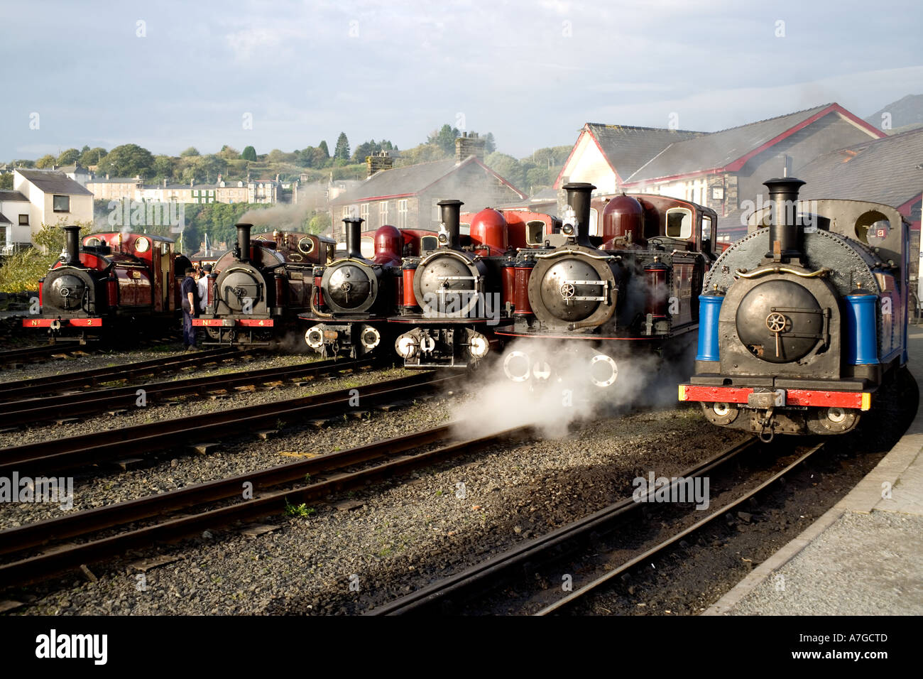 Engine line up at Porthmadog Harbour station,Ffestiniog steam railway ...