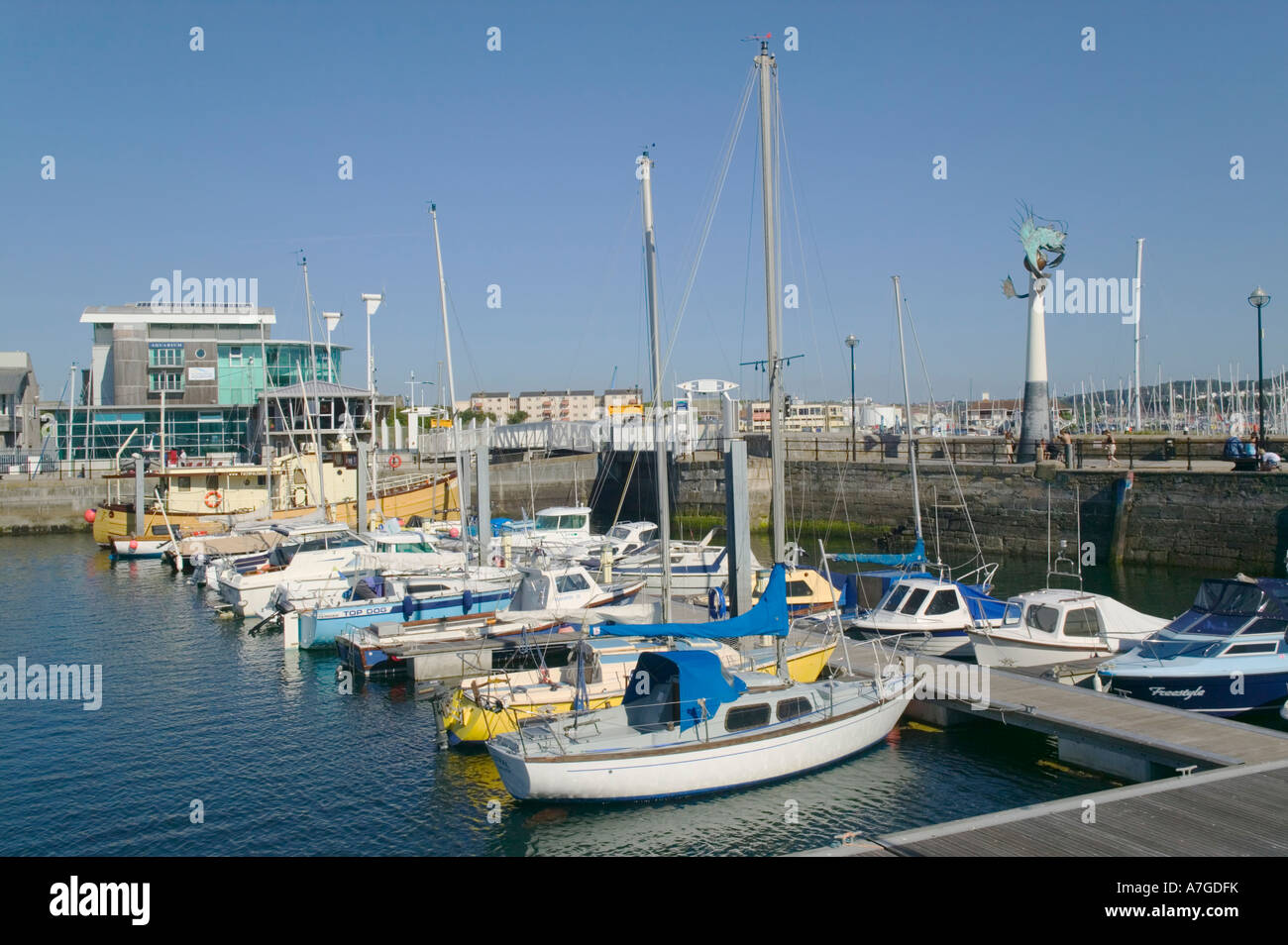 Boats inside Sutton Harbour beside the Barbican Plymouth Devon Great ...
