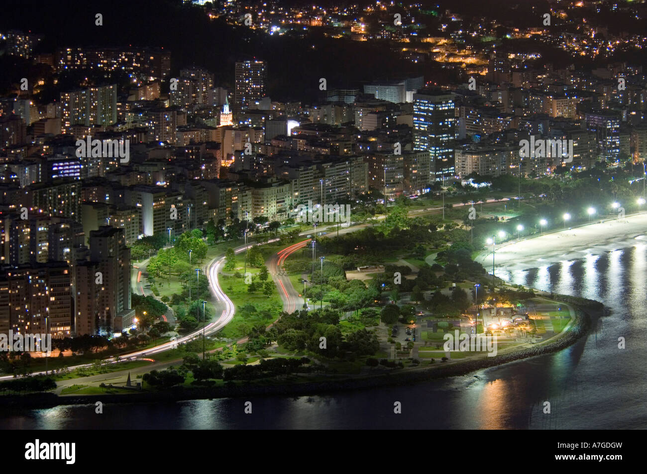 A close up aerial view of the Flamengo area of Rio De Janeiro from the ...