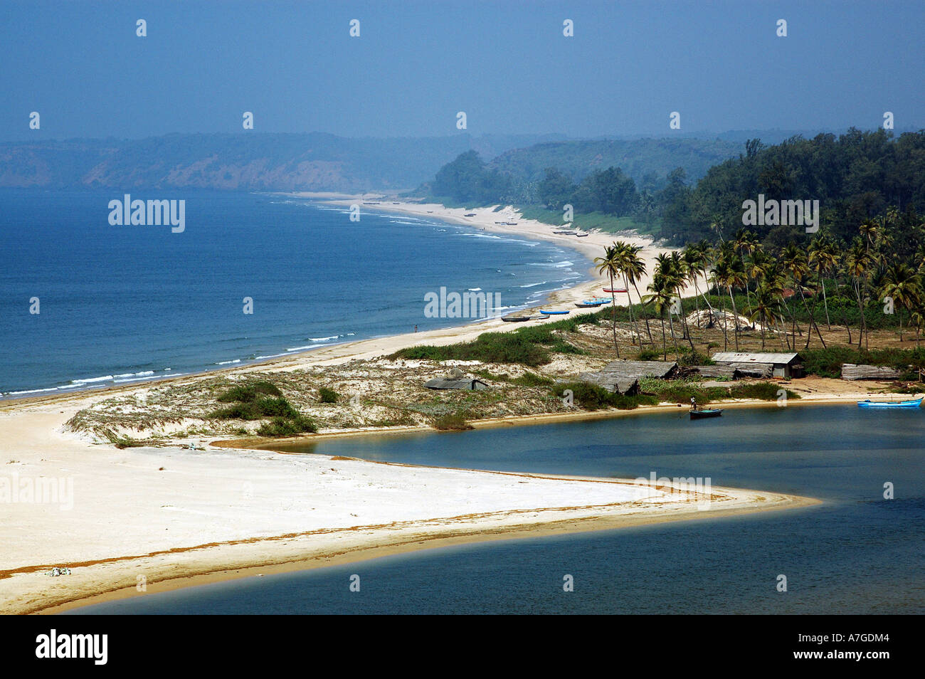 ANG77706 Indian beach seascape aerial view of blue sea white shore sand ...