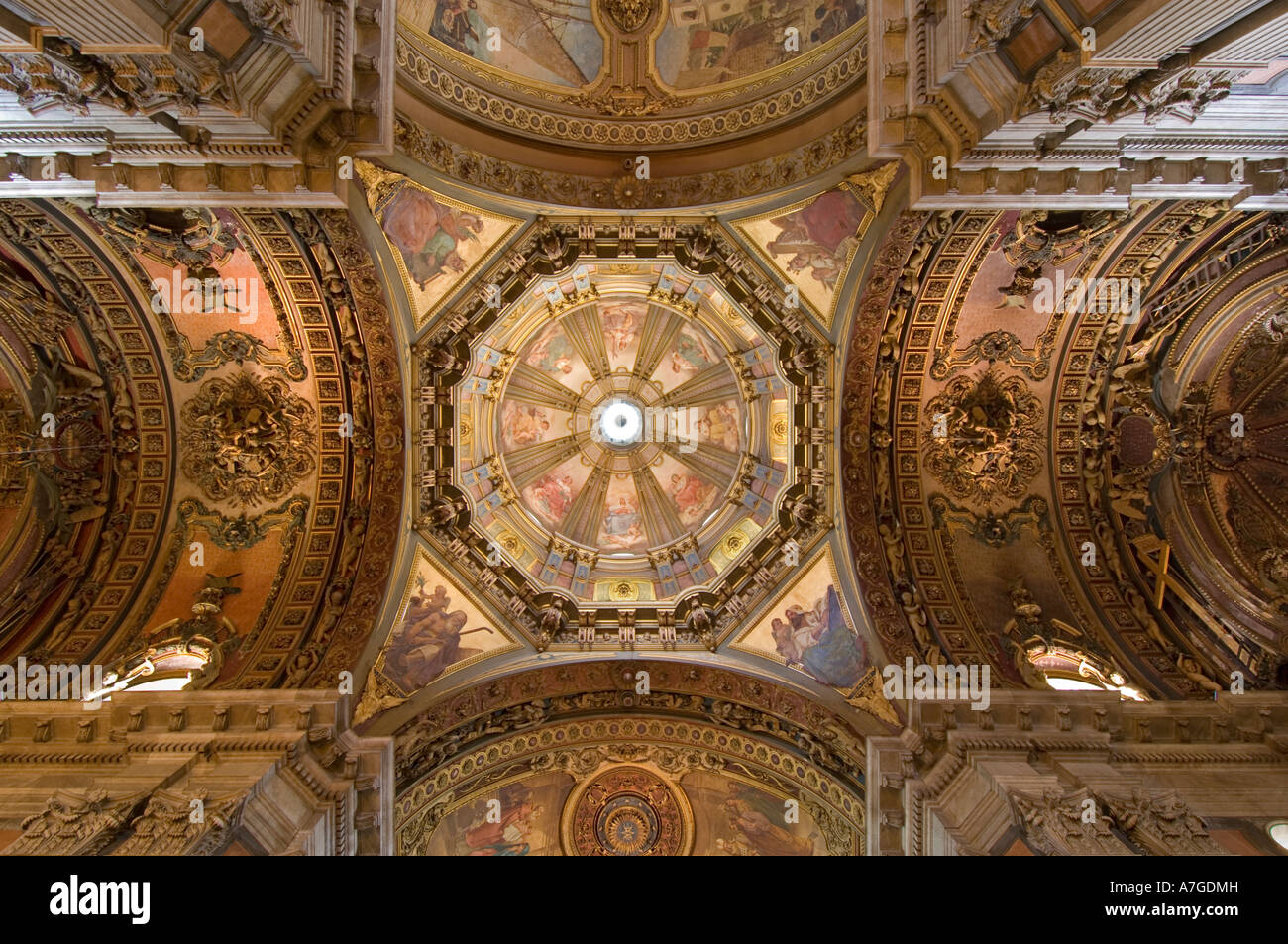 An interior view of the ornately decorated ceiling in the Candelária ...