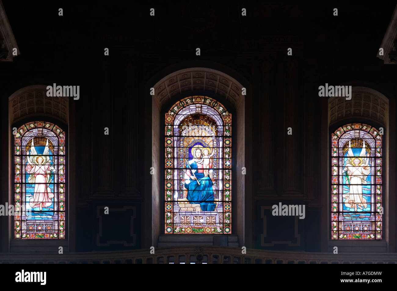 An interior view of the stained glass windows in the Candelária Church ...