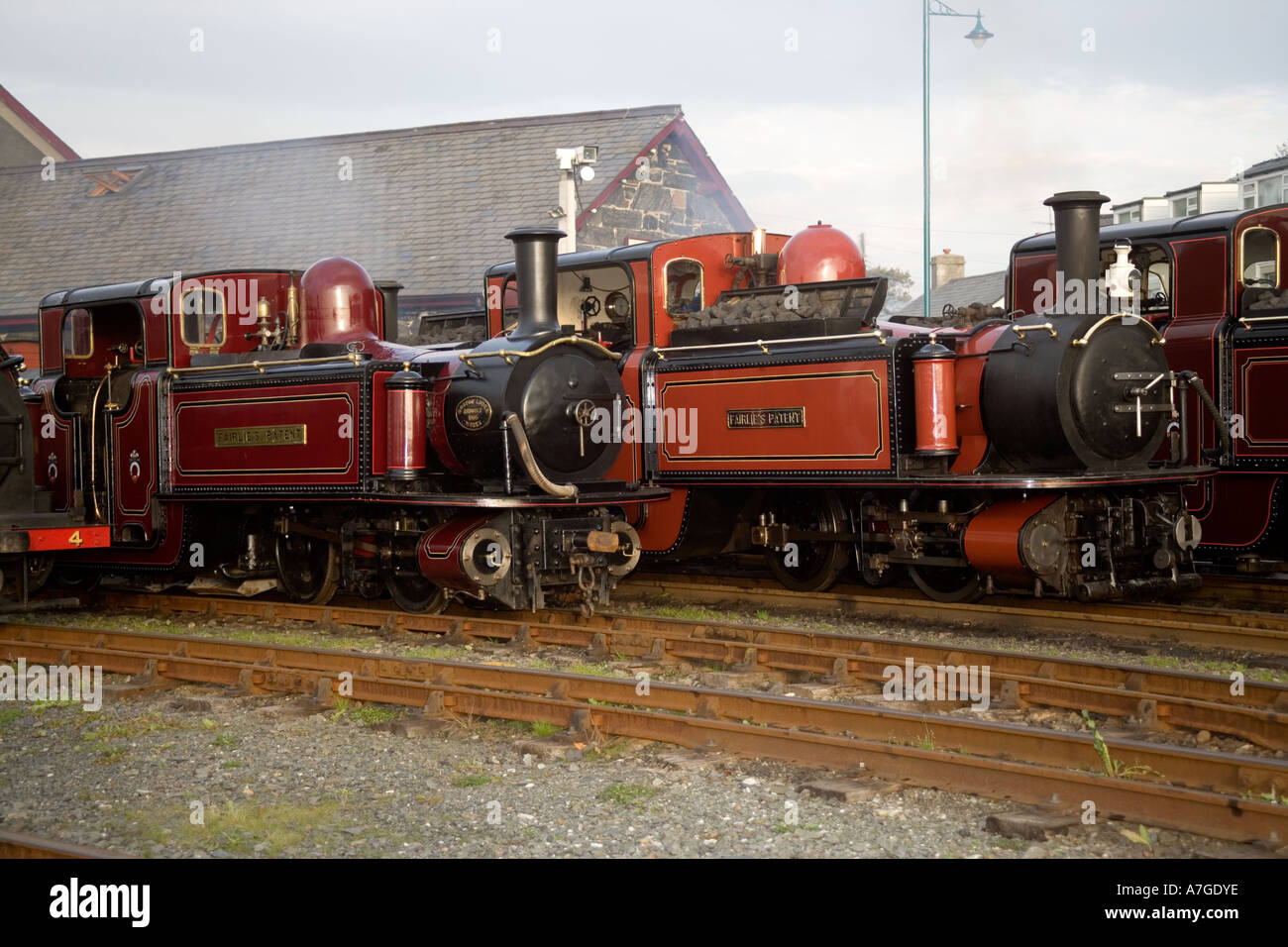 Engine line up at Porthmadog Harbour station,Ffestiniog steam railway ...