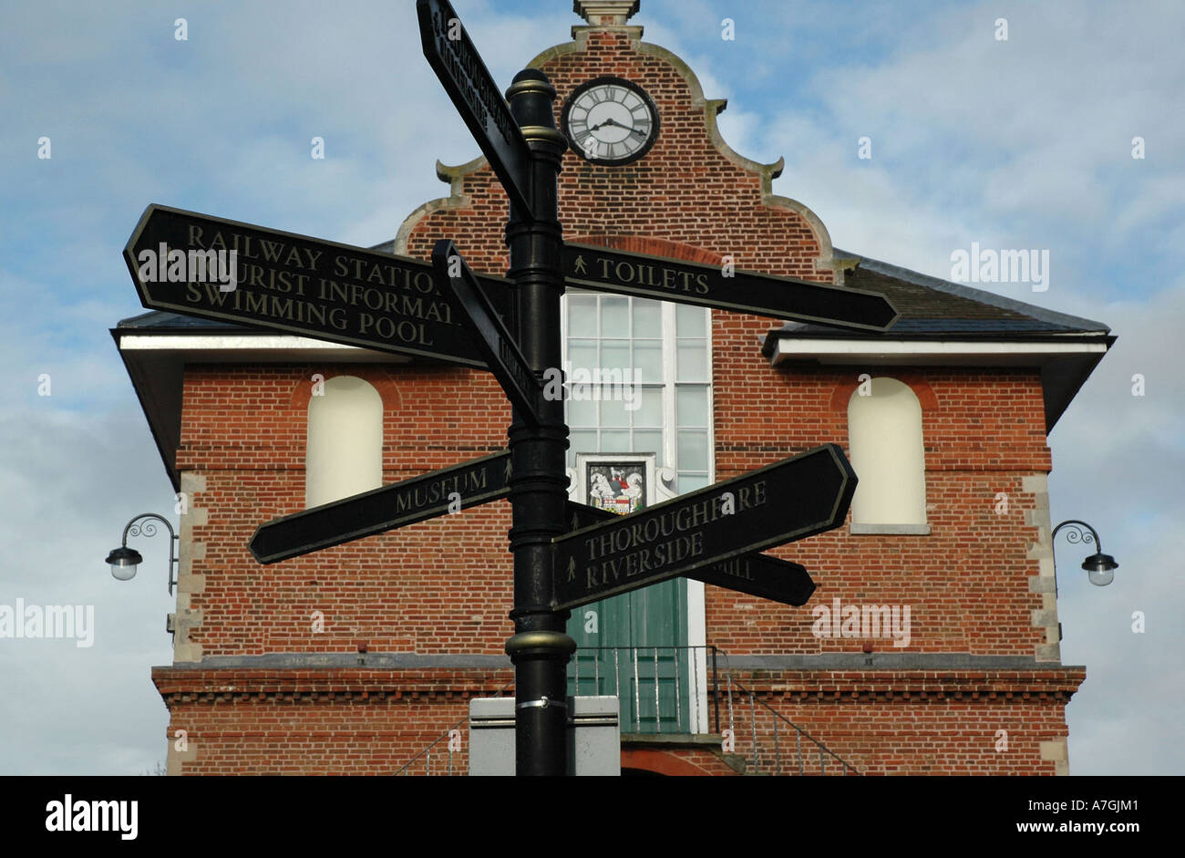 Signpost and Shire Hall, Woodbridge, Suffolk Stock Photo - Alamy