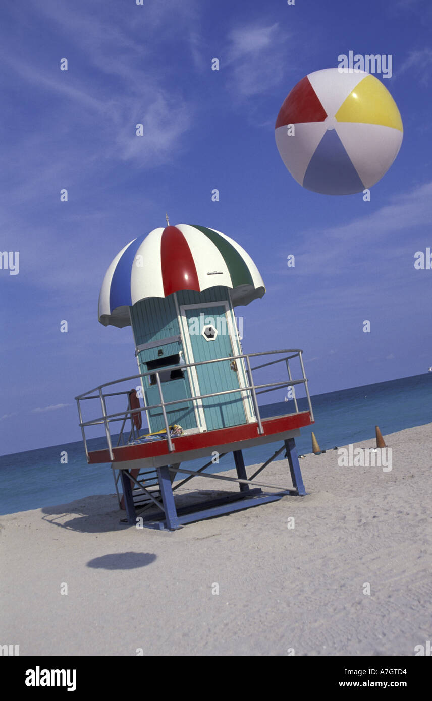 NA, USA, Florida, Miami Beach. Fanciful lifeguard station and inflated ...