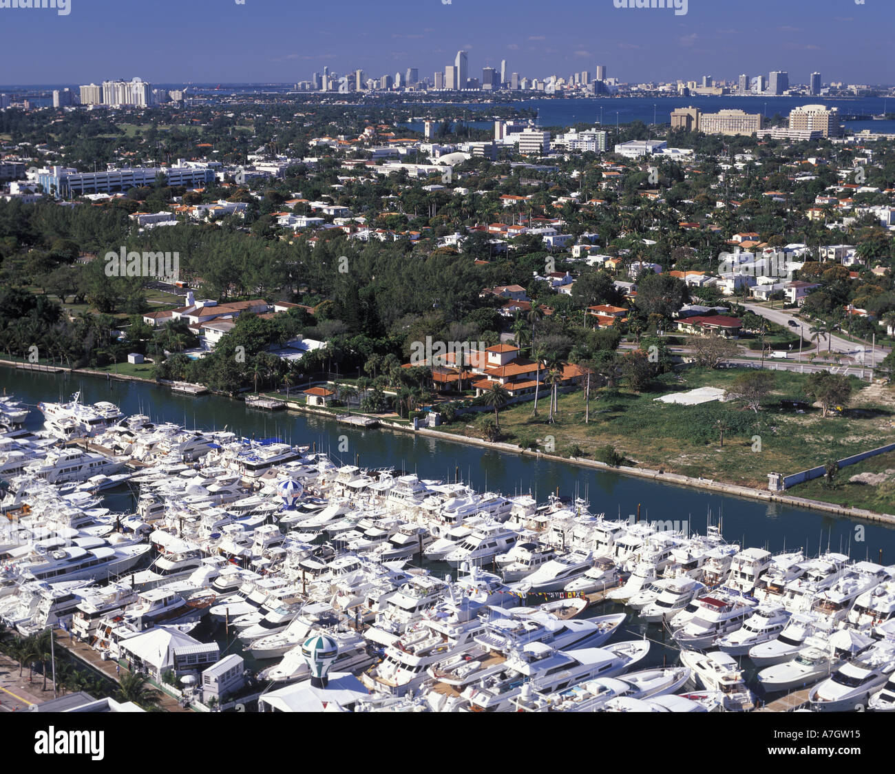 N.A., USA, Florida, Miami, Miami Beach. Boats in harbor with view of ...