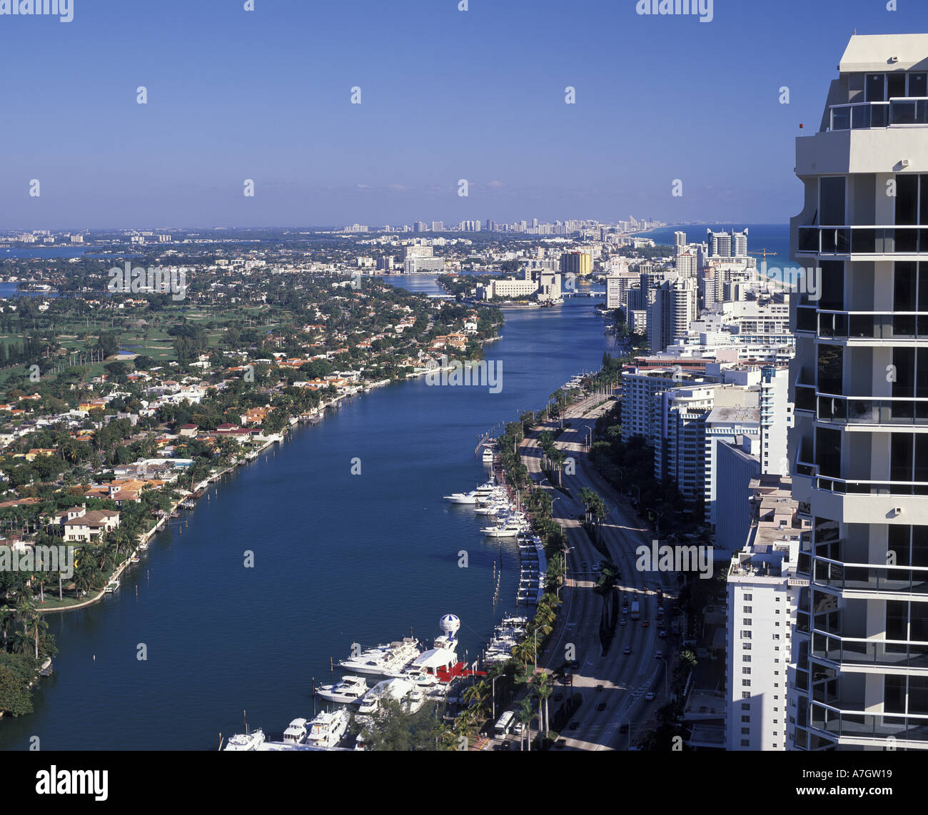 N.A., USA, Florida, Miami. Miami Beach. View of skyline from high rise ...