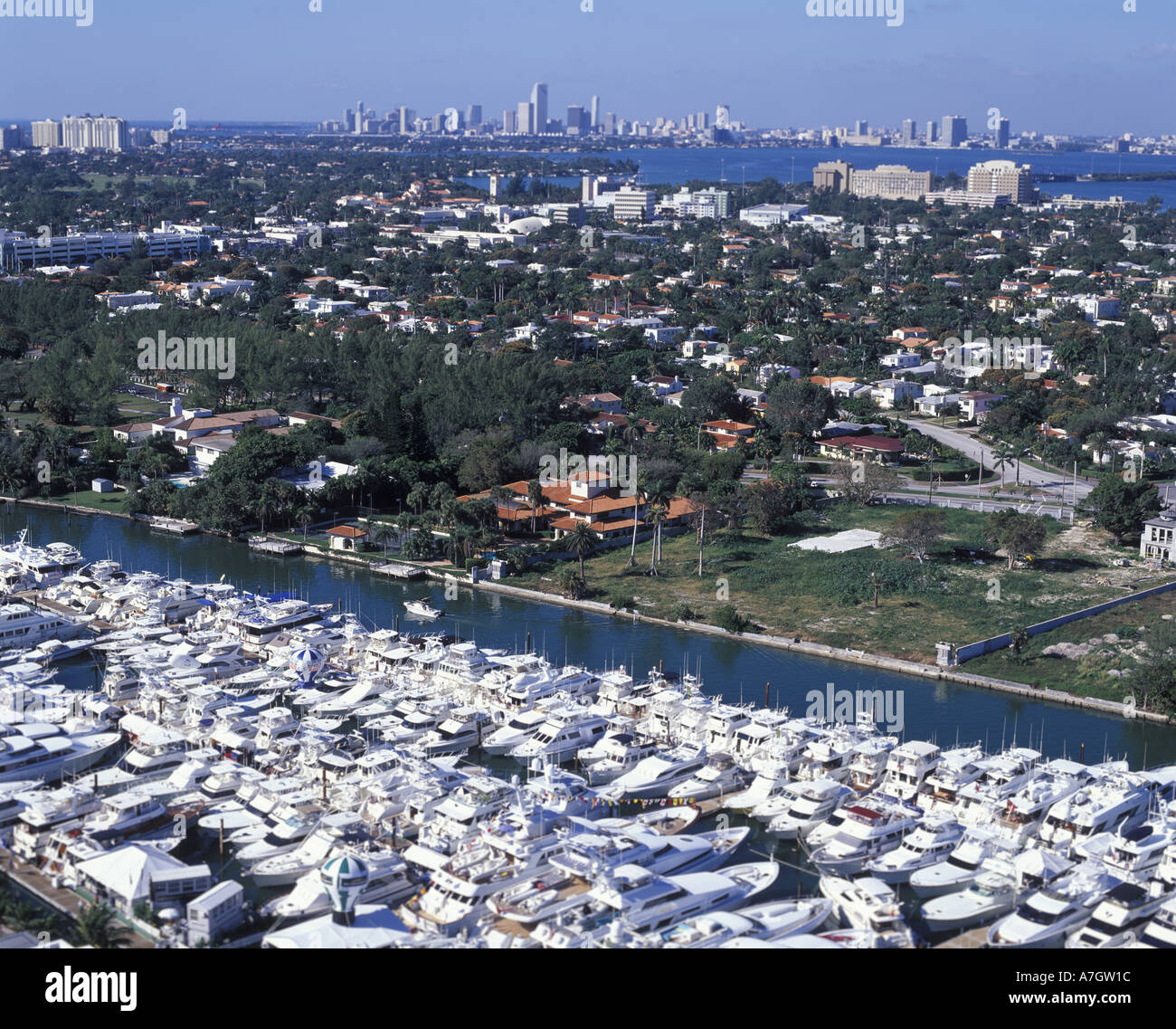 N.A., USA, Florida, Miami. Miami Beach. View of skyline and harbor from ...