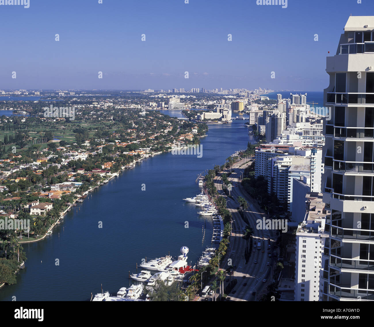 N.A., USA, Florida, Miami. Miami Beach. View of skyline from high rise ...