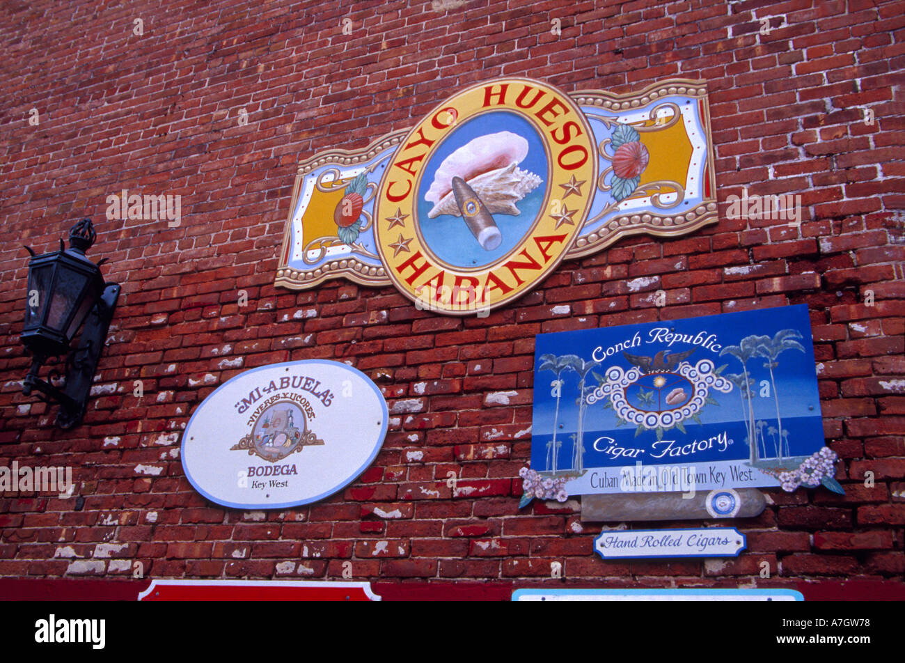 NA, USA, Florida, Florida Keys, Key West, Signs on Brick Wall Stock ...