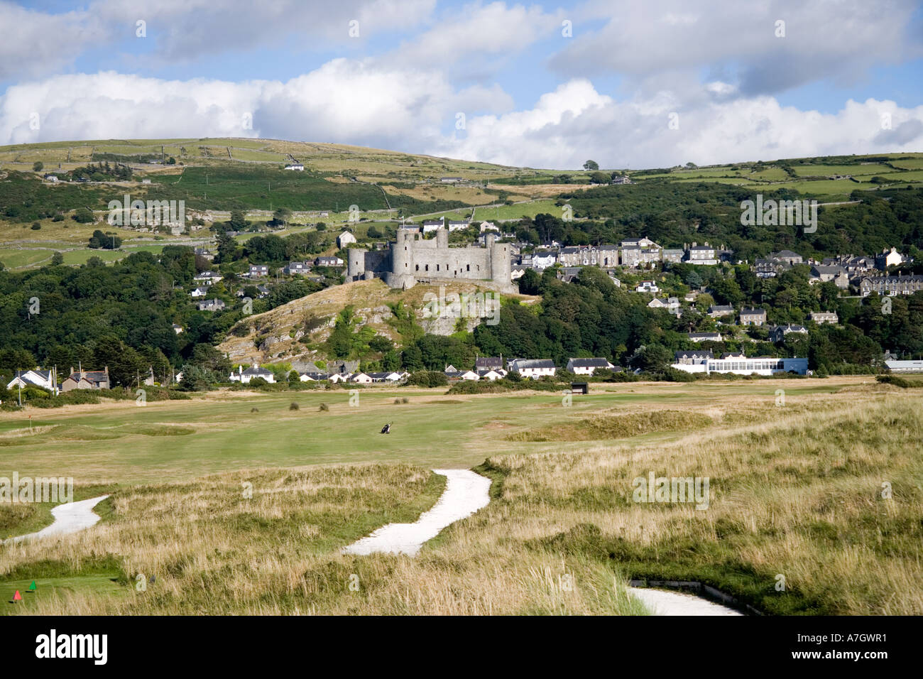 Harlech castle and golf course from the sand dunes,North Wales,United ...