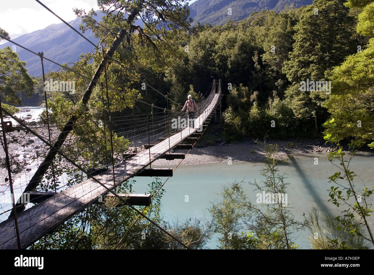 Woman tourist crossing wire suspension bridge over Haast River at Blue ...