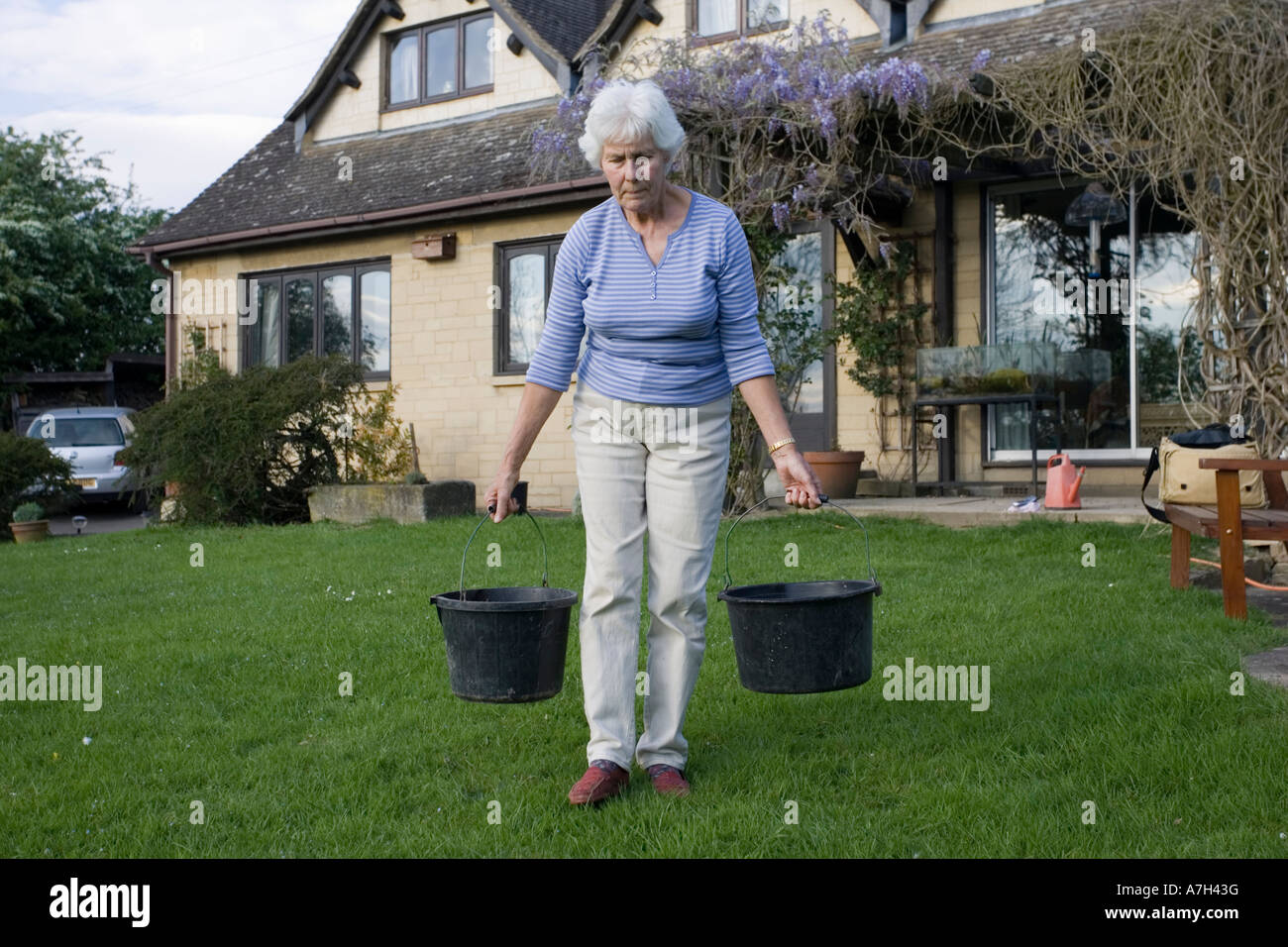 Woman walking across lawn carrying two black buckets of water to water ...
