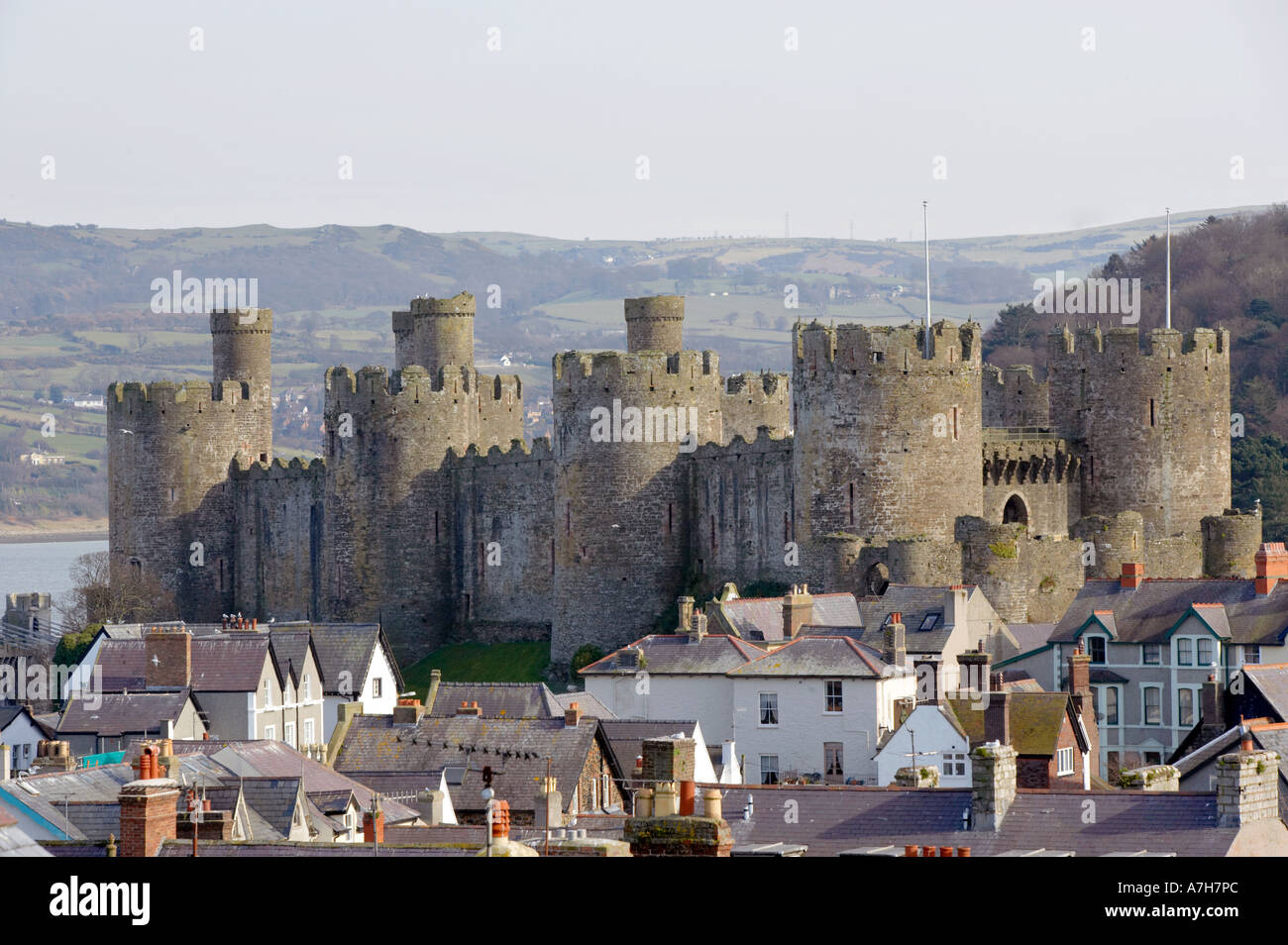 View across town to Conwy Castle North Wales with Snowdonia mountain ...