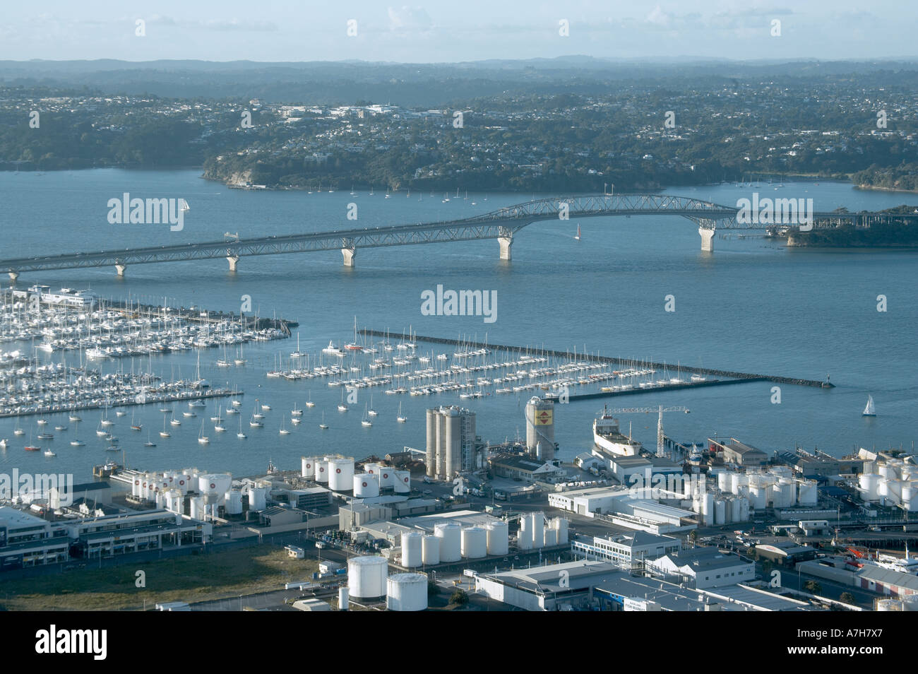 A view from the tallest building in Auckland of the harbor on a clear ...