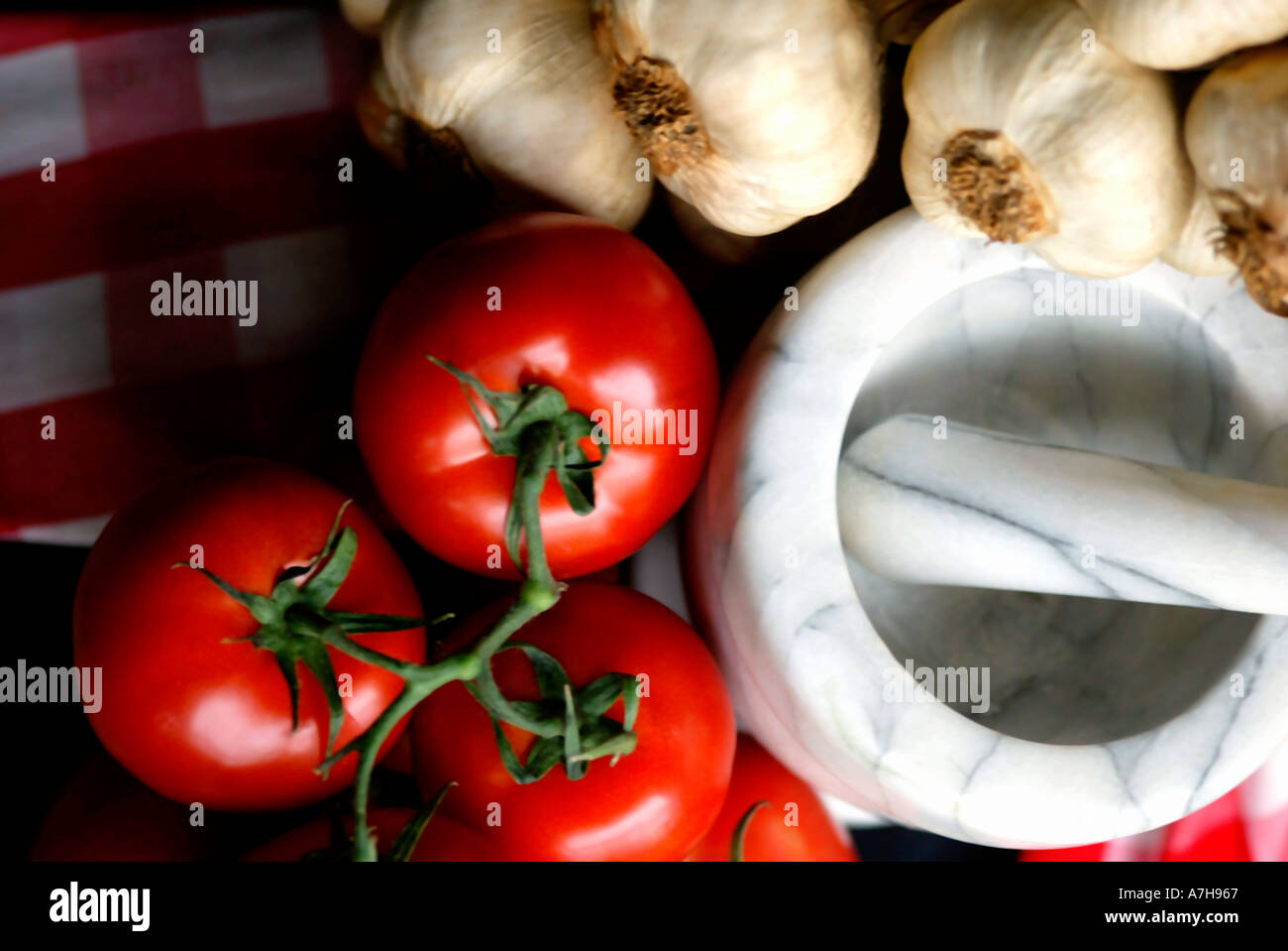 Food Tomatoes Garlic Marble Mortar Pestal Cooking Stock Photo - Alamy