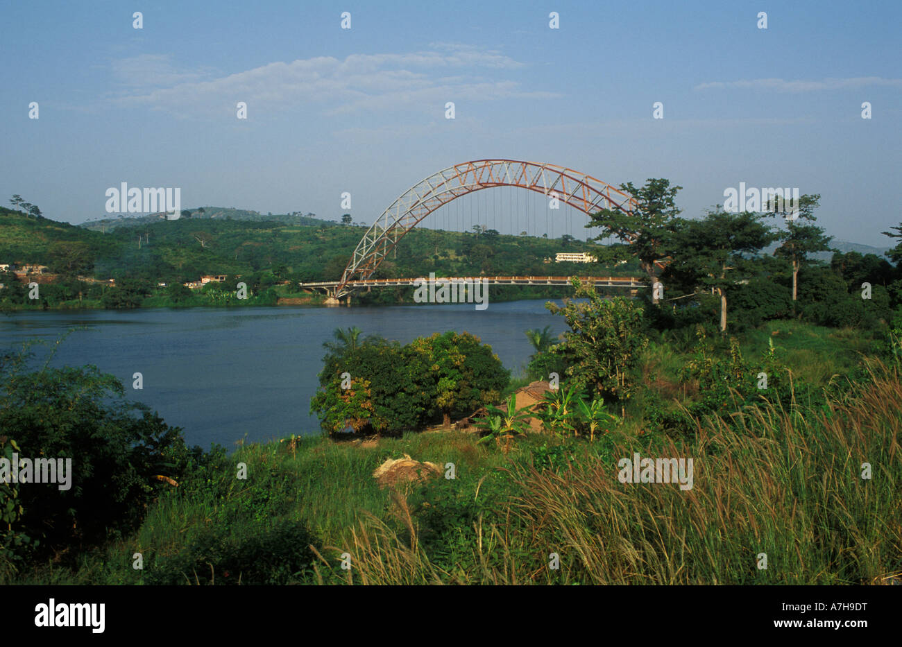 Suspension bridge over the Lower Volta river, Akosombo, Ghana Stock ...