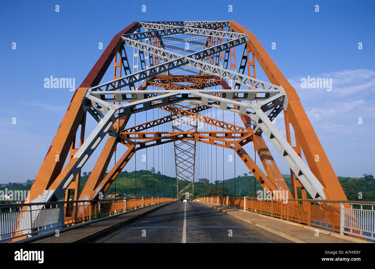 Suspension bridge over the Lower Volta river, Akosombo, Ghana Stock ...